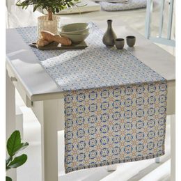 Dekoleidenschaft - Tischläufer Santorin weiß / blau / beige, 100% Baumwolle, 40x140 cm, Mitteldecke