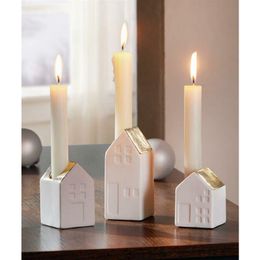Dekoleidenschaft - 3x Kerzenhalter Häuschen aus Porzellan, weiß + gold, Kerzenständer