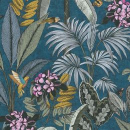 Dschungel Tapete petrol bunt Palmenblätter Vliestapete mit Blumen und Kolibri Vlies Wandtapete mit Vogel ideal für Wohnzimmer und Esszimmer - Blau,