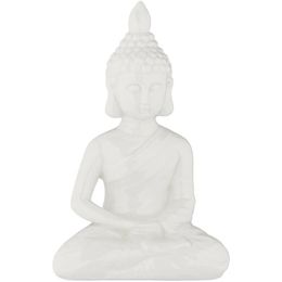 Buddha Figur sitzend, 18 cm hoch, Garten-Dekofigur, wetterfest & frostsicher, Dekoskulptur Wohnzimmer, weiß - Relaxdays