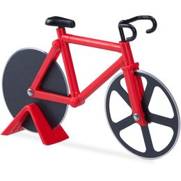 Relaxdays - 1 x Fahrrad Pizzaschneider, lustiger Pizzaroller mit Schneiderädern aus Edelstahl, Cutter für Pizza & Teig, rot