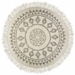 Atmosphera Teppich, rund, ethnische Muster mit Fransen, Baumwolle, ø 120 cm, beige