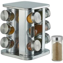 Gewürzkarussell mit 12 Gewürzgläsern, 360° drehbar, Edelstahl, Glas, Gewürzregal HxD 22 x 19 cm, eckig, silber - Relaxdays