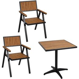 Neuwertig] 2er-Set Gartenstuhl+Gartentisch HHG 861, Stuhl Tisch, Gastro Outdoor-Beschichtung, Alu Holzoptik schwarz, teak - brown