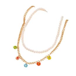 BUNGSA Goldkette Perlenkette Boho Doppelkette bunte Blüten aus Messing Damen (2-tlg)