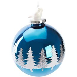 BRUBAKER Weihnachtsbaumkugel Premium Weihnachtskugel Blau mit weißen Tannenbäumen und Vogel Figur (1 St)