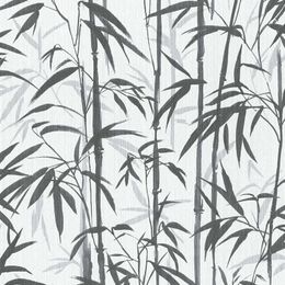 Bambus Tapete asiatisch Vlies Bambustapete weiß schwarz grau für Schlafzimmer und Küche Chinesische Vliestapete modern mit Vinyl - White, Black, Grey