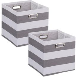 Aufbewahrungsbox aus Stoff, 2er Set, mit Streifen, hbt: 30,5 x 30,5 x 30 cm, faltbarer Regalkorb, grau/weiß - Relaxdays