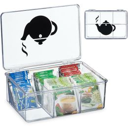 Teebox, Kunststoff, 6 Fächer, Teekasten mit Deckel, hbt: 9 x 21,5 x 15 cm, Teebeutel Aufbewahrung, transparent - Relaxdays