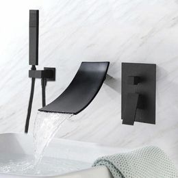 Senderpick - Schwarz Wasserhähne Mischbatterie Badewannenarmatur Wannenrandarmatur Wasserfall Wasserhahn mit Handbrasue Wandmontage