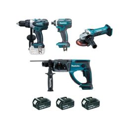 Set mit 4 Makita-Maschinen - 3 Batterien 18 V Li-Ionen 4.0 - Bohrer DDF458 + Schleifer DTD152 + Perfo DHR202 + Schraubendreher DGA452 - DLX4054MX1