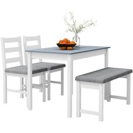HOMCOM - Sitzgruppe, 4-teiliges Esstisch-Set, 1 Tisch, 1 Bank, 2 Stühle, Grau + Weiß - Grau+Weiß