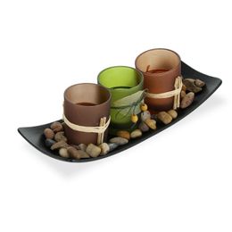 Teelichthalter Set mit Tablett, 25,5 cm lang, 3 Teelichter, Steine, Tischdeko Wohn- und Esszimmer, mehrfarbig - Relaxdays