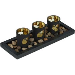 Relaxdays Teelichthalter Set mit Tablett & Steinen, 30 cm lang, Tischdeko Wohnzimmer, Esszimmer, Teelichtgläser, schwarz