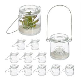 Windlicht, 12er Set, Glas mit Henkel, innen & außen, HxD: 7x6 cm, Teelichthalter Hochzeit, transparent/silber - Relaxdays