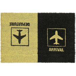 Fußmatte Kokos, Arrival Departure, Türvorleger mit Flugzeug-Motiv, innen & außen, 40x60 cm, schwarz/gelb - Relaxdays