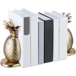 Buchstütze Ananas, 2er Set, aus Metall, HxBxT: 21 x 8 x 13 cm, stilvolle Bücherhalterung für Regale, gold - Relaxdays