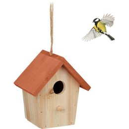 Deko Vogelhaus, Holz, Vogelhäuschen zum Aufhängen, hbt: 16x15x11 cm, Vogelvilla Garten, Balkon, natur/orange - Relaxdays