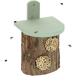 Insektenhotel, Nisthilfe für Wildbienen, HxBxT: 26,5x17x19 cm, Bienenhotel mit 2 Nistplätzen, Holz, natur/grün - Relaxdays