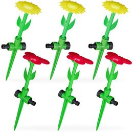 Sprinkler Blume, 6er Set, Spritzblume Garten, Rasensprenger Kinder, mit Erdspieß, HxD: 34 x 10 cm, rot/gelb - Relaxdays