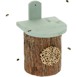 Relaxdays - Insektenhotel, Nisthilfe für Wildbienen, hbt: 26,5 x 17 x 19 cm, Bienenhotel Garten & Balkon, Holz, natur/grün