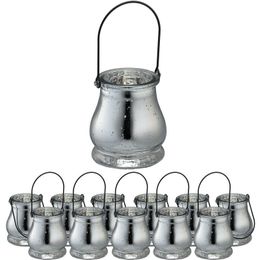 Windlicht, 12er Set, aus Glas, Henkel zum Aufhängen, innen & außen, Teelichthalter, HxD: 10 x 8,5 cm, silber - Relaxdays