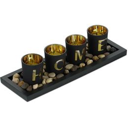 Relaxdays Teelichthalter Set mit Tablett & Steinen, 33 cm, Tischdeko Wohnzimmer, Esszimmer, Teelichtgläser Home, schwarz