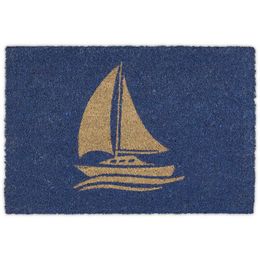 Fußmatte Kokos, mit Segelschiff-Motiv, Türmatte außen & innen, maritime Kokosmatte, BxT: 60x40 cm, blau/natur - Relaxdays