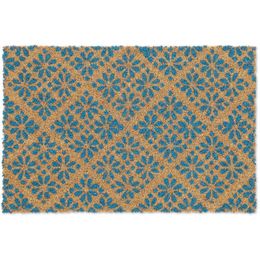 Fußmatte aus Kokos, florales Design, Türmatte für außen & innen, gummierte Kokosmatte 60x40 cm, blau/natur - Relaxdays