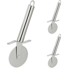 Pizzaschneider 3er Set, scharfe Edelstahl Klinge mit ø 6,5 cm, spülmaschinenfester Profi Pizzaroller, silber - Relaxdays