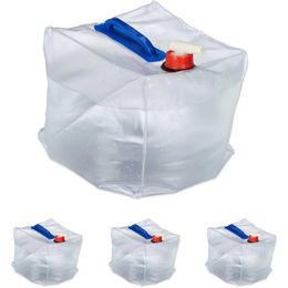 Wasserkanister 4er Set, 10 l, faltbar, Zapfhahn, Griff, Camping Kanister, BPA-freier Kunststoff, transparent - Relaxdays