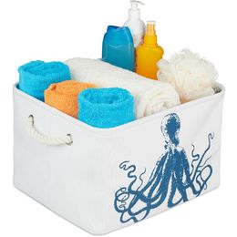 Relaxdays - Aufbewahrungskorb Oktopus, 2 Seilgriffe, faltbarer Stoffkorb maritim, hbt: 23,5 x 36,5 x 31,5 cm, weiß/blau