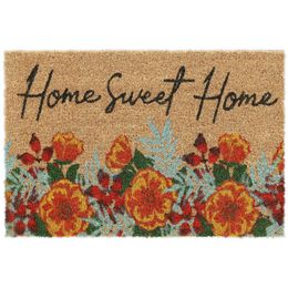 Fußmatte Kokos, Blumen, Home Sweet Home, 40x60 cm, Türvorleger für innen & außen, rutschfest, wetterfest, bunt - Relaxdays