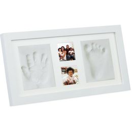 Baby Gipsabdruck Set mit Bilderrahmen, Handabdruck, Fußabdruck & 2 Fotos, Babyabdrücke, HxB: 18 x 35 cm, weiß - Relaxdays