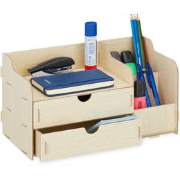 Schreibtisch Organizer, 2 Schubladen & 3 Fächer, Stiftbox mdf, hbt: 17 x 33 x 19 cm, Büroorganizer, hellbraun - Relaxdays