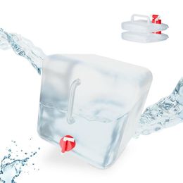 Faltbarer Wasserkanister, 3er Set, 20 l, Kanister mit Zapfhahn, BPA-frei, lebensmittelecht, transparent/rot - Relaxdays