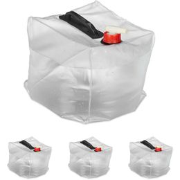 Relaxdays Wasserkanister 4er Set, 10 L, faltbar, Zapfhahn, Griff, Camping Kanister, BPA-freier Kunststoff, transparent