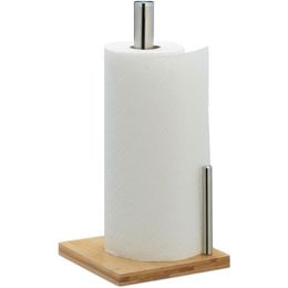 Relaxdays - Küchenrollenhalter stehend, Bambus, Edelstahl, Rollenhalter mit Abrollstop, hbt: 33 x 16 x 16 cm, natur/silber