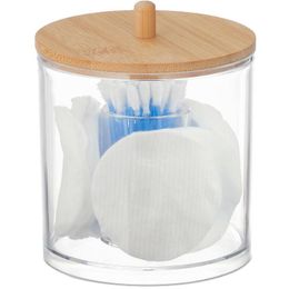 Wattestäbchen-Behälter, Kunststoff, mit Bambusdeckel, Organizer Wattepads und Wattestäbchen, transparent/natur - Relaxdays
