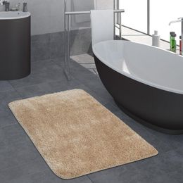 Moderner Hochflor Badezimmer Teppich Einfarbig Badematte Rutschfest In Beige 60x100 cm - Paco Home