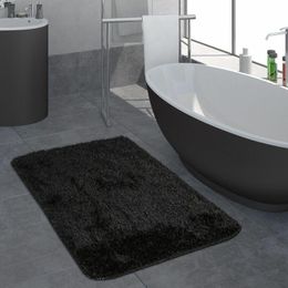 Moderner Hochflor Badezimmer Teppich Einfarbig Badematte Rutschfest In Schwarz 60x100 cm - Paco Home