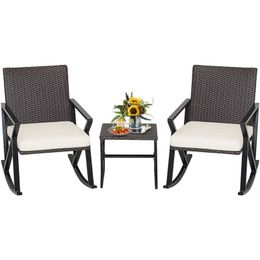 3TLG. Gartenmöbel-Set aus PE-Rattan, 2 Schaukelstühle mit Kaffeetisch & Sitzkissen, Terrassenmöbel - Costway