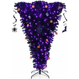 Costway 180cm led Weihnachtsbaum, Kopfüber mit lila Leuchten, Dekorationen, Klappsystem & Metallstaender, schwarz, Künstlicher Tannenbaum für Halloween und