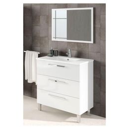 CAESAROO Badezimmerschrank 3 Schubladen auf dem boden 80 cm Glänzend weiß mit spiegel Glänzendes Weiß - Mit Säule und Led-Lampe