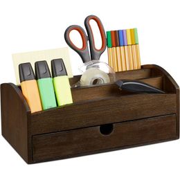 Schreibtisch Organizer, Büroorganizer aus Bambus, mit Schublade u. Fächern, hbt 11 x 27,5 x 15 cm, dunkelbraun - Relaxdays