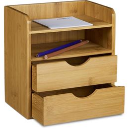 Relaxdays - Schreibtisch-Organizer, 2 Ablagen, 2 Schubladen, hbt: 21 x 20 x 13cm, Briefablage fürs Büro, Bambus, natur