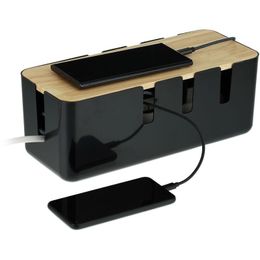 Relaxdays - Kabelbox, für 2 Steckdosenleisten, Holzdeckel, Kunststoff, Kabel verstecken, hbt: 11,5x30,5x12,5 cm, schwarz