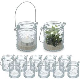 Windlicht, 12er Set, Glas mit Henkel, 7 x 6 cm, innen & außen, Hochzeit Teelichthalter, transparent/ silber - Relaxdays