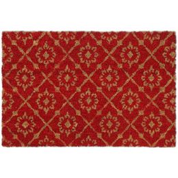 Fußmatte Kokos, florales Muster, 40 x 60 cm, rutschfest, wetterfest, Fußabtreter für innen & außen, rot/natur - Relaxdays