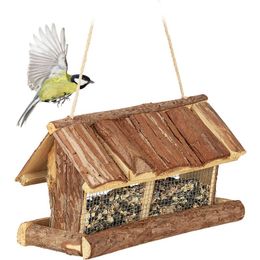 Relaxdays - Vogelfutterhaus Holz, mit Futtersilo, zum Hängen, hbt 19 x 31,5 x 16 cm, Futterspender Kleinvögel, natur